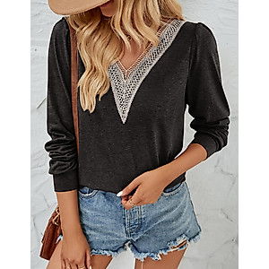 ZESICA Women's 2024 Casual Long Sleeve T Shirts Lace V Neck Trendy Basic Tops Summer Fall Tee Blouse,Black,Medium
