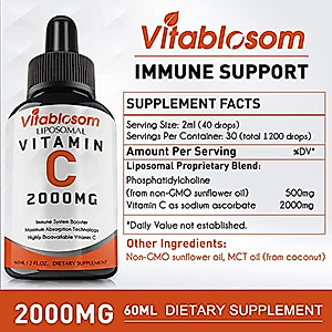 Liposomal Vitamin C 2000mg Liquid for Adults, High Absorption VIT C, Higher Bioavailability, Good for Immune System & Antioxidant, 60ML (2 Bottle)