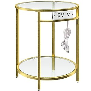 Rolanstar End Table with Charging Station, Round Side Table with Double Glass Shelves & Metal Frame, Small Coffee Accent Table, Modern Nightstand Bedside Table for Living Room, Bedroom, Gold