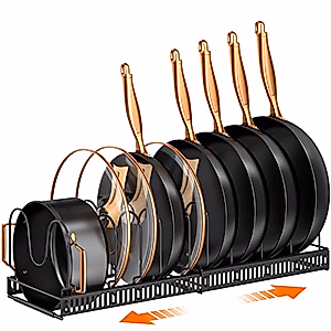 MUDEELA Pots and Pans Organizer : Rack for under Cabinet, Expandable Pot Lid Organizer Holder with 10 Adjustable Compartment, Kitchen Cabinet Organizer for Cutting Board, Cast-iron Pan, Heavy Cookware