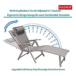 GOLDSUN Aluminum Outdoor Folding Adjustable Chaise Lounge Chair Set of 2 with Headrest and Tray for Patio Beach Porch Swimming Poolside, Set of Two, Grey