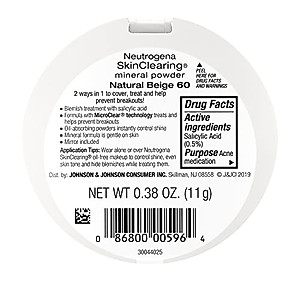 Neutrogena SkinClearing Mineral Acne-Concealing Pressed Powder Compact, Shine-Free & Oil-Absorbing Makeup with Salicylic Acid to Cover, Treat & Prevent Breakouts, Natural Beige 60,.38 oz (Pack of 2)