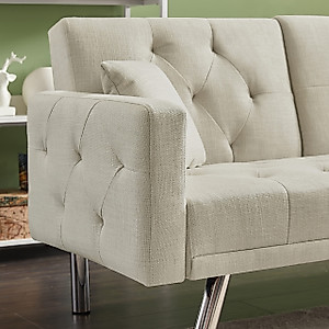 Foldable Futon Sofa Loveseat Convertible Sleeper Couch Bed for Small Space Apartment Office Living Room Furniture Sets with 2 Cup Holders, Tufted Back & Seat Orange PU Leather 67" W