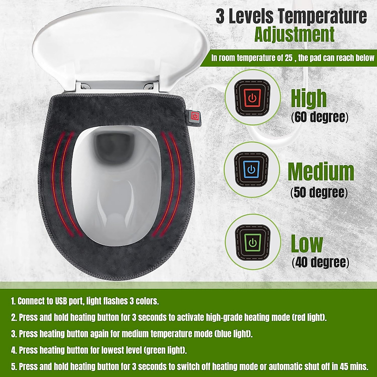 Hudson Comfort Heated Toilet Seat Cover – USB Powered Toilet Seat Warmer – Adjustable Temperature Levels Toilet Seat Cover with Soft Plush Fabric – Hand Wash and Easy Installation (Round)