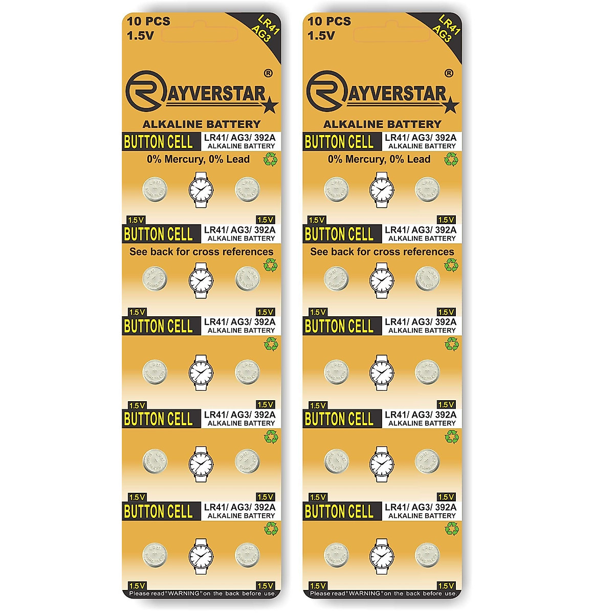 Rayverstar LR41 AG3 1.5 Volt Alkaline (20-Batteries) Fits: 392, 192, SR41, 384, 736, L736F (Full List Below)