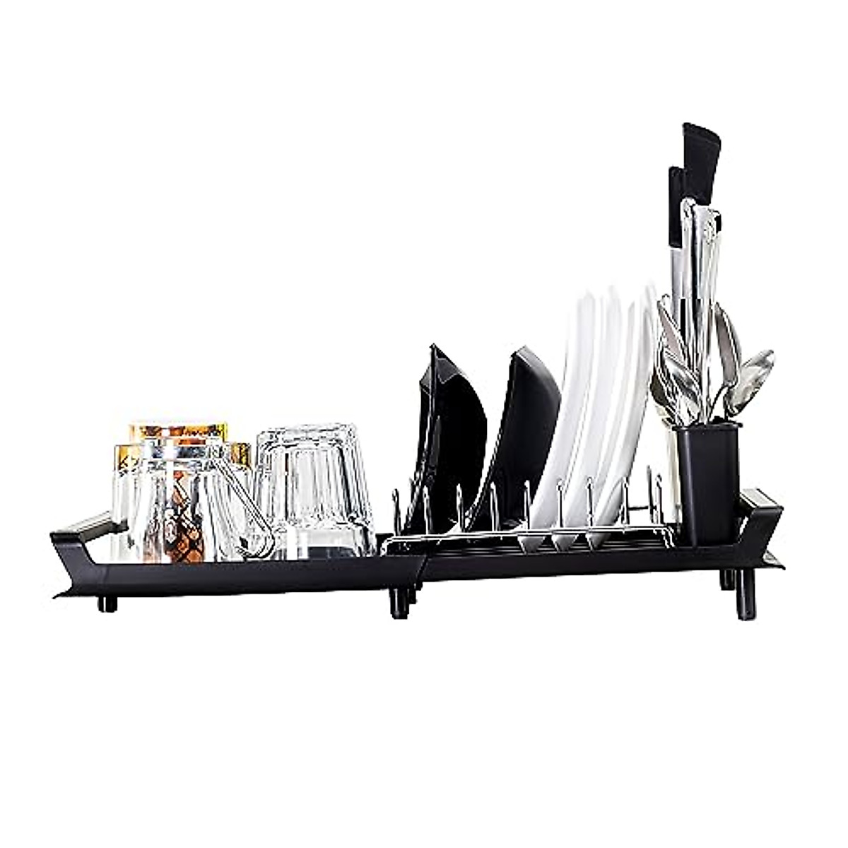 Erreke Small Dish Drying Rack, Compact Dish Drying Rack, Small Dish Rack, Drains into Sink, Non-Slip Feet, Expandable Adjustable Size 11x8 inches (Black)