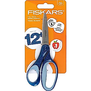 Fiskars 7" SoftGrip Left-Handed Student Glitter Scissors for Kids 12+ - Left-Handed Scissors for School or Crafting - Back to School Supplies - Blue