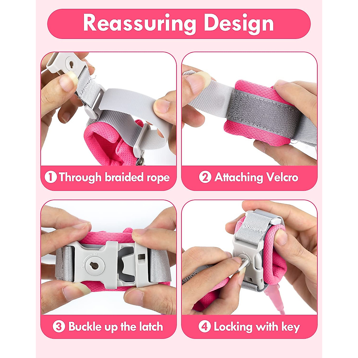 Lehoo Castle Anti Lost Wrist Link for Toddlers, 4.9ft Toddler Harness with Key Lock, Reflective Toddler Wrist Leash, Child Leash Harness, Leash for Kids (Pink)