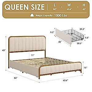 HITHOS Upholstered Queen Size Bed Frame with 4 Storage Drawers and Headboard, Heavy Duty Metal Mattress Foundation with Wooden Slats, Easy Assembly, No Box Spring Needed (Golden/Off White, Queen)