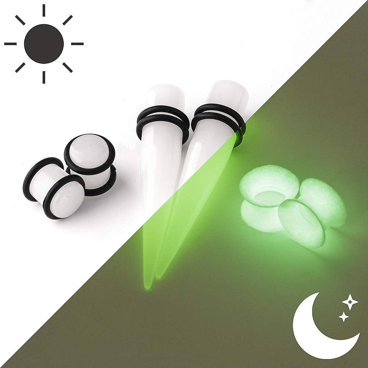 WBRWP 48pcs Ear Stretching Kit Set : Acrylic Tapers and Plugs with Double O-Ring & Soft Silicone Tunnels Ear Expander Gauges Stretcher Body Piercing Jewelry 14g-00g (Glow in Dark)