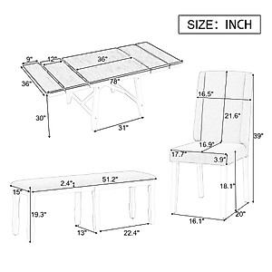 RUNWON 6-Piece Classic Set,Rectangular Extendable Table with Two Removable Leaves and 4 Upholstered Chairs and 1 Bench for Dining Room, Gray