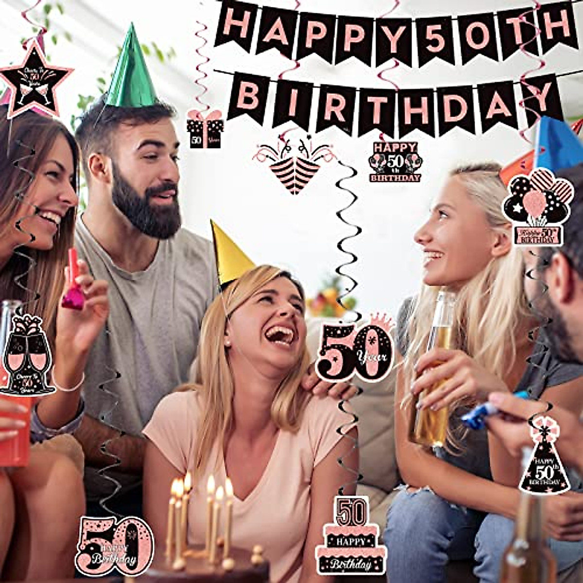 50th Glitter Rose Gold Birthday Banner Party Decorations, Happy 50th Birthday Decorations Hanging Swirls Banner Honeycomb Centerpieces for Women Happy 50 Years Old Bday Party