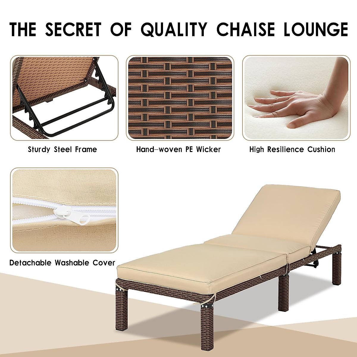 Grepatio Patio Chaise Lounge Chair Outdoor Wicker Rattan Daybed Adjustable Pool Furniture Chair with Cushions Beach Lounge Chair Sun Lounger for Outside (1 Pcs)