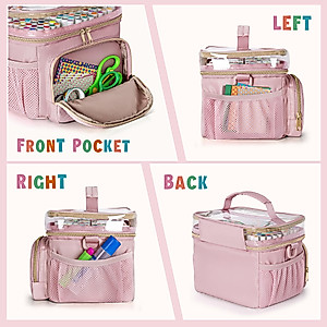 Rexmica Marker Organizer Case for 100 Markers, Marker Storage Organizer Bag with Divider and Shoulder Strap, Marker Travel Carrying Case with 3 Pockets, Pink (Patented Design)