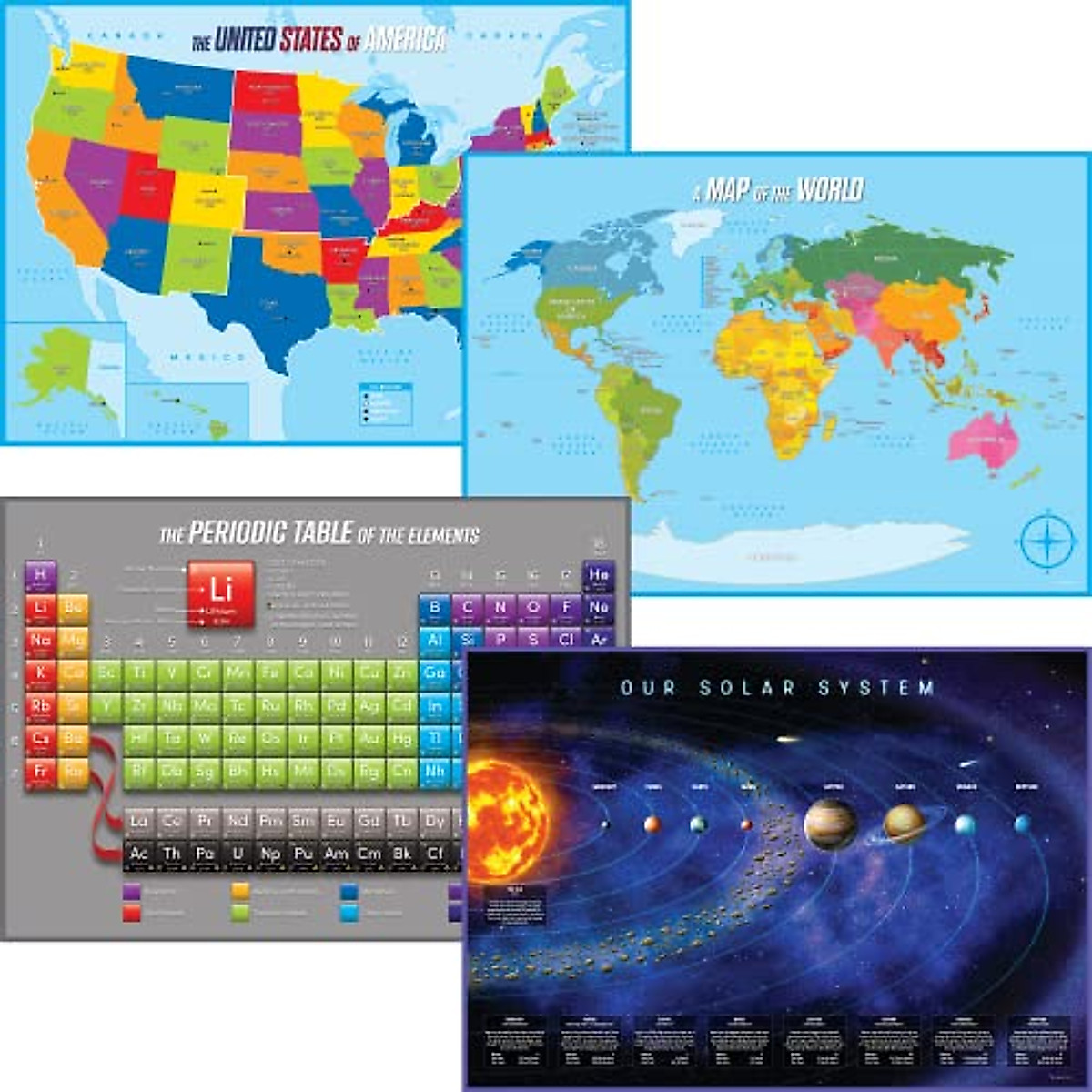 Classroom Wall Posters - Solar System, Periodic Table, World Map & USA Maps for Kids - Visual Learning Aid for Children and Schools - Laminated & Durable