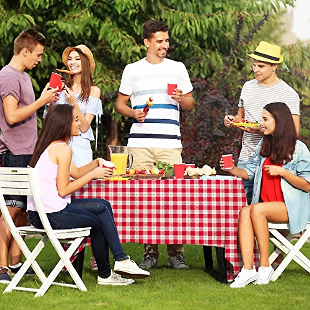 Gatherfun 3PCS Red White Gingham Rectangular Waterproof Tablecloth 54X108Inch Disposable Plastic Table Cover with Gold Stamping for Easter Picnic Barbecue Kitchen Holiday Birthday Party