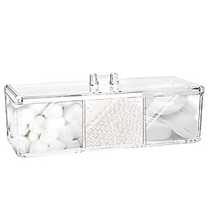 Square Qtip Holder Dispenser, 3 Compartments Cotton Ball Holder, Bathroom Canisters for Cotton Swab, Ball, Cotton Pad Organizer, Clear Acrylic Containers with Lid for Bathroom Vanity Countertop