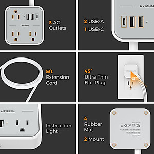 Ultra Thin Flat Extension Cord 5 FT, TESSAN Slim Power Strip with 3 USB (1 USB C) Ports, Low Profile Flat Head Wall Plug Outlet Concealer with 3 Outlets for Cruise, Office, School, Travel, Dorm Room