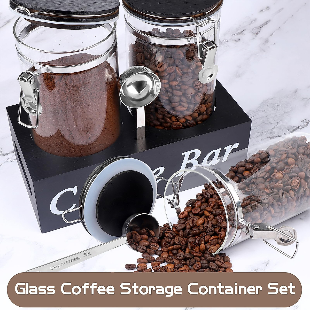 WYTAOHZL 2PCS Glass Coffee Containers with Shelf 54oz Coffee Station Organizer Glass Coffee Bean Storage with Spoon Coffee Canister Set Jars with Airtight Locking Clamp for Coffee Bean Ground Nuts