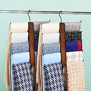 Mkono 2 Pack Scarf Hanger Wooden for Closet Organize Scarf Rack with 10 Hooks for All Scarves and 3 Pack Pants Skirts Hangers Space Saving 5 Tier with Adjustable Clips