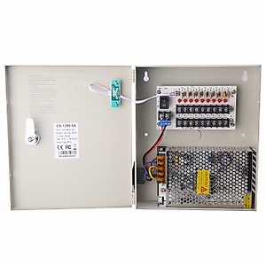 EVERSECU 9 Channel DC12V 5 Amp PTC Fuse CCTV Power Supply with Metal Box, AC Plug and Lock for Security Cameras, DVRs, IP Cameras, CCTV Cameras