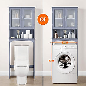 Yaheetech Over The Toilet Storage Cabinet, Free Standing Toilet Rack with Adjustable Shelves and Tempered Glass Doors for Bathroom Washroom, Grey