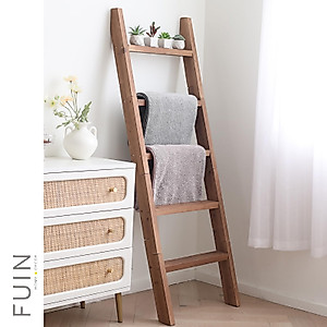 FUIN 5ft (58") Wood Blanket Ladder Living Room Decorative Wall Leaning Farmhouse Quilt Display Holder Shelf Rustic Wooden Towel Rack for Bathroom, Brown