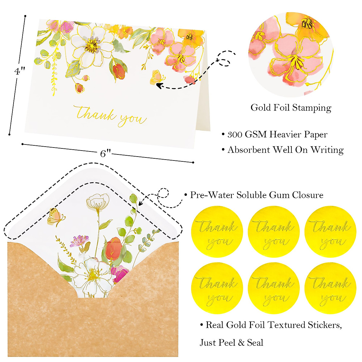 Crisky Wildflower Thank Cards with Envelopes 50 Pack bulk 4x6 Inch Kraft envelopes Flower Greeting Cards with Envelopes For Baby Shower, Wedding, Bridal Shower, Graduation