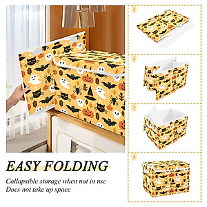Storage Bins with Lids and Handles, Halloween Seamless Pattern Design with Ghost Skull Pumpkin and Cat Storage Box Storage Basket with Cover Collapsible Organizer Containers for Home