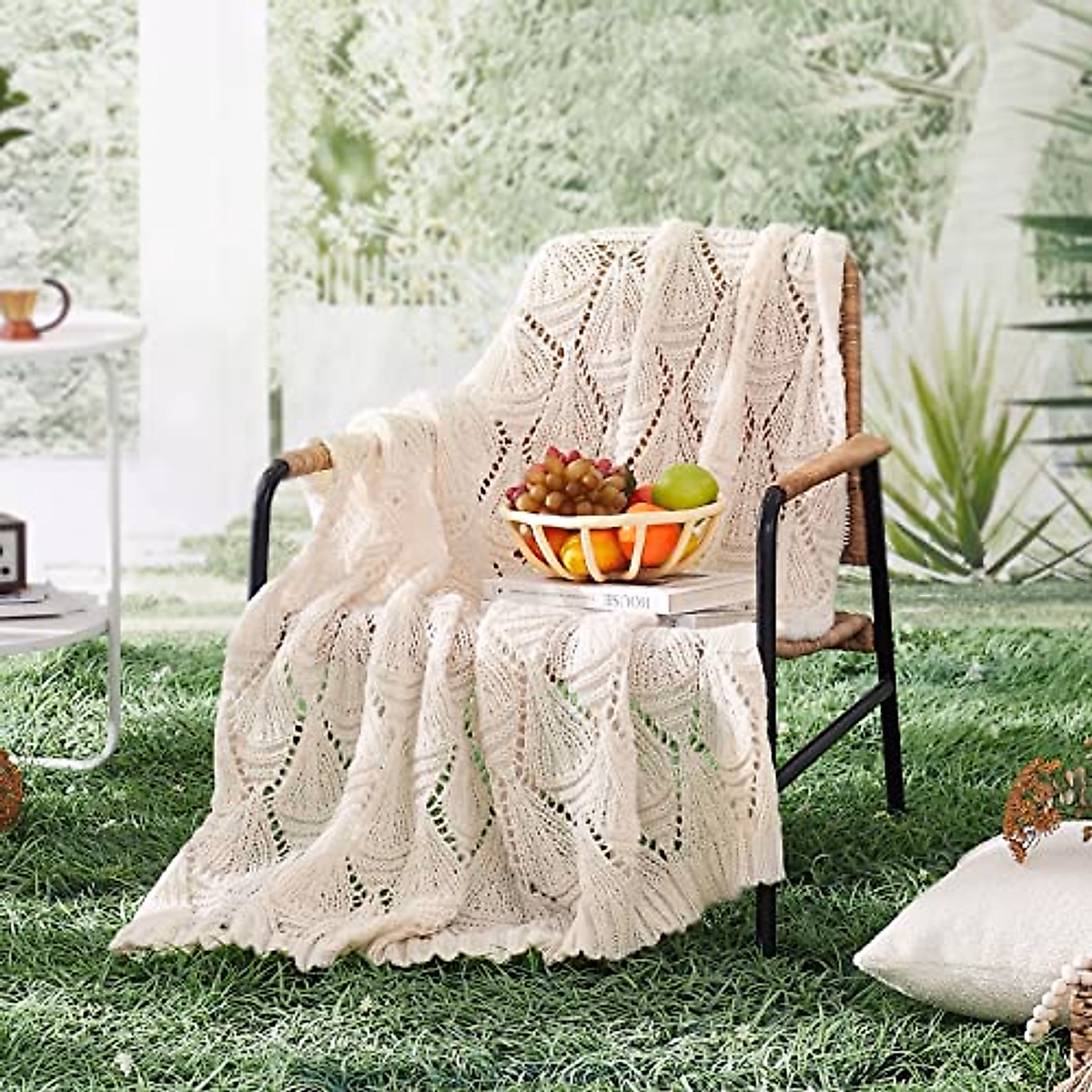 WRENSONGE Cream Cable Knit Throw Blanket, 50x60 Diamond Hollow-Out Design Knitted Throw Blanket for Couch, Bed, Sofa, Chair Cozy Warm Lightweight Outdoor Bedroom Decorative Blankets for Men Women