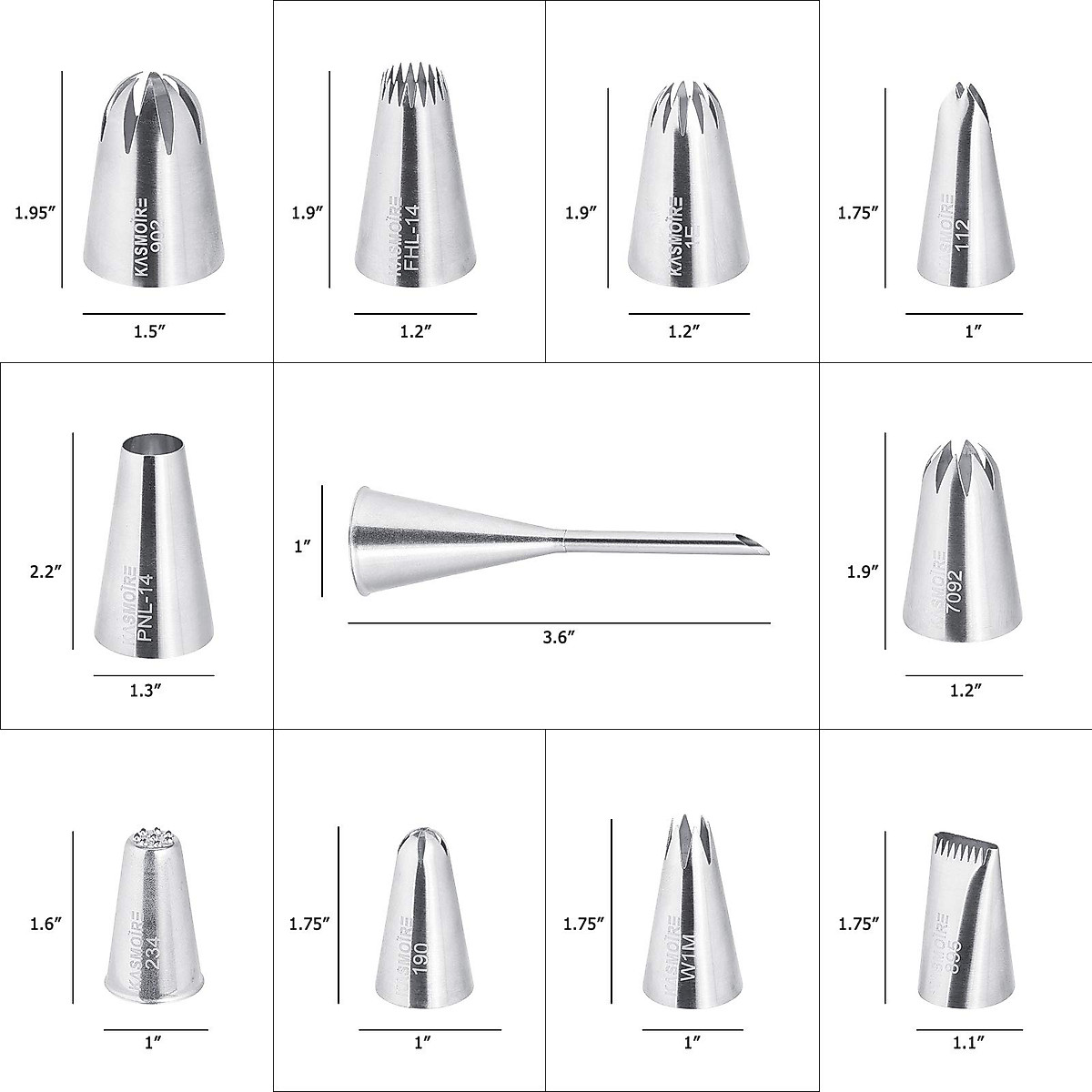 Kasmoire 11 Pcs Extra Large Piping Tip Set,Stainless Steel Cake Decorating Icing Tips Nozzles,Professional Pastry Tips for Cupcake, Cookie and Puff