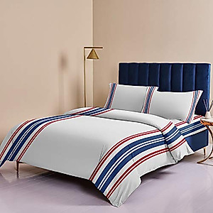 Chaven Home Independence Day 4 Piece Twin Bedding Set, Duvet Covers Sets Blue Red Striped Comforter Cover, Bed Sheet and 2 Pillowcase for Woman/Man/Teen/Kid Bedroom Decor Minimalist Lines White