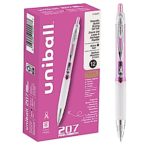 Uni-ball 207 Pink Ribbon Retractable Gel Pens, 0.7mm Medium Gel Pen 12 Pack, Black Ink Pens, Colored Pens, Fine Point Smooth Writing Pens, Office Supplies Similar to Black Pens & Ballpoint Pens