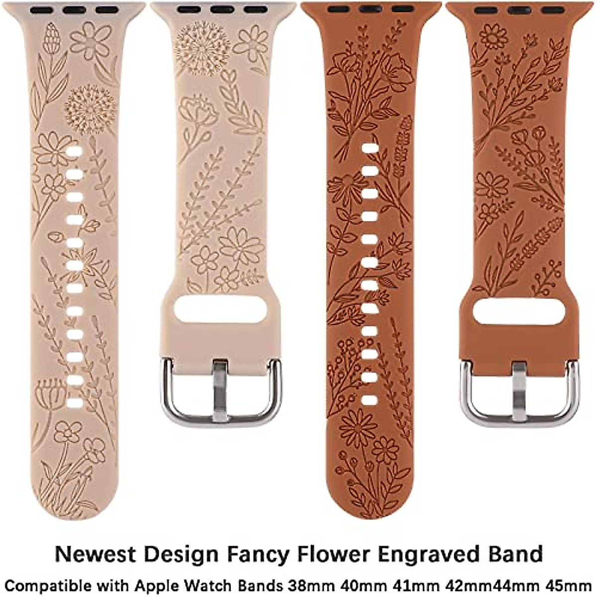 Flower Engraved Silicone Band Compatible with Apple Watch Bands 38mm 40mm 41mm, Cute Women Wildflowers Floral Design Soft Sport Strap Replacement Wristbands for iWatch Series 8 7/SE/6/5/4/3/2/1 (38/40/41mm, Walnut Brown Brown)