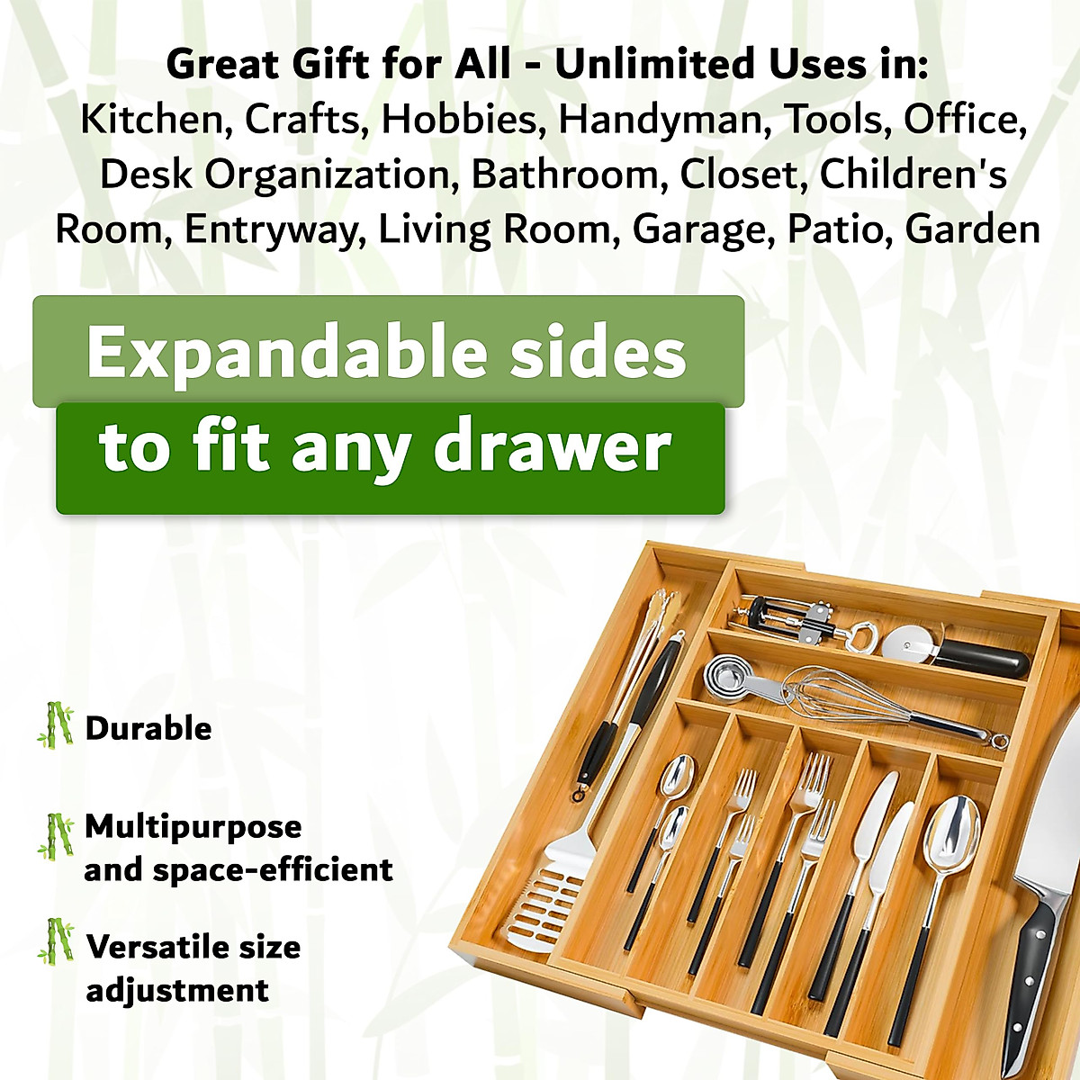 Nature Gear Kitchen Drawer Organizer - 9 Section Expandable Bamboo Storage for Flatware - Housewares - Bath & Vanity - Tool Utility Caddy Adjustable Tray