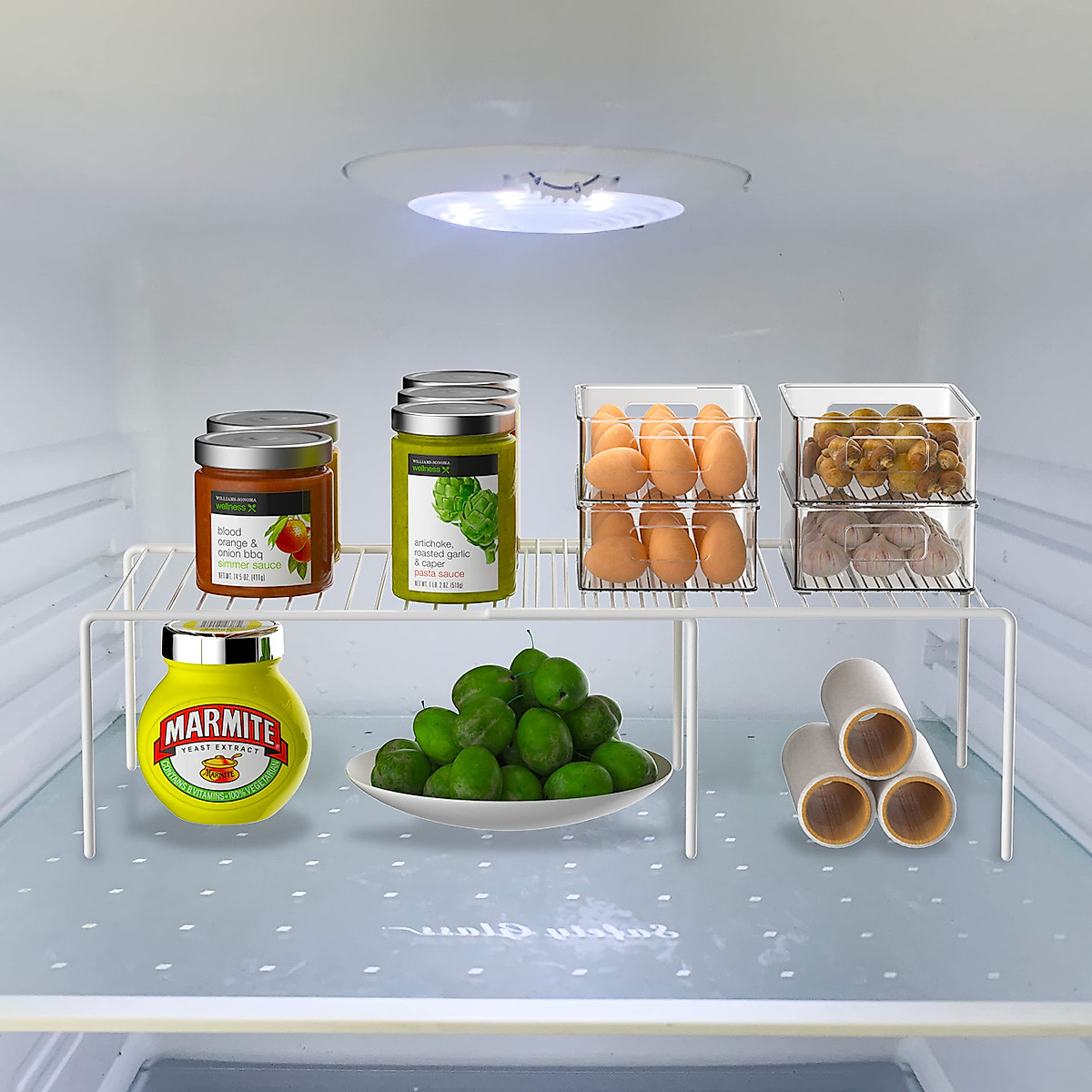 iPEGTOP Expandable Freezer Cabinet Storage Shelf, 2 Pieces Rustproof Spice Rack, Adjustable Kitchen Organizer Counter Fridge Pantry Shelf Space Saver (White)