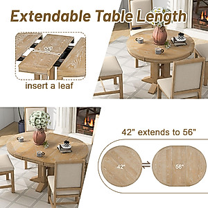LUMISOL Extendable Round Dining Table Set with Chairs for 4-6 Persons Solid Wood 5 Piece Kitchen Dining Room Table Set for Saving Space, Natural Wood Wash