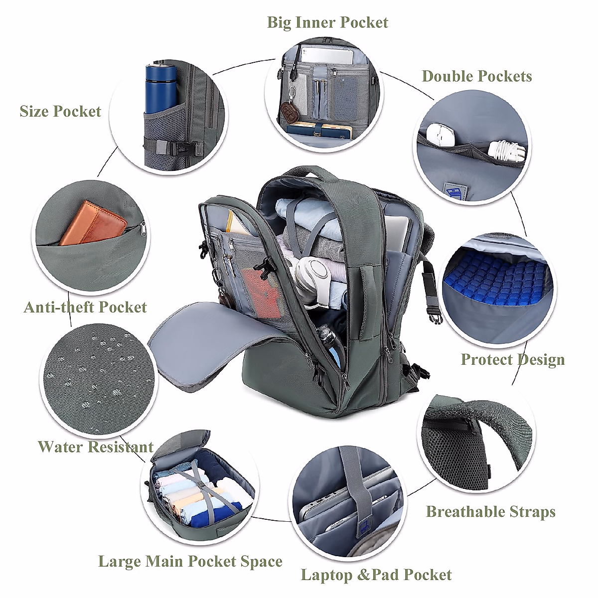 MOLNIA Travel Backpack for Men, 47L Carry On Backpack, 17.3inch Laptop Backpack Flight Approved, with 3 Packing Cubes & 1 Shoe Bag, Expandable Business Suitcase, Weekender Duffel Bag, Grey-green