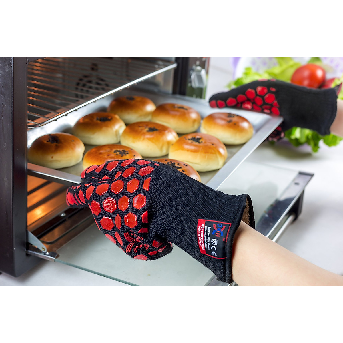 J H Heat Resistant Oven Glove:EN407 Certified 932 °F, 2 Layers Silicone Coating, Oven Mitts for Cooking, Kitchen, Fireplace,Camping, Grilling, 1 Pair