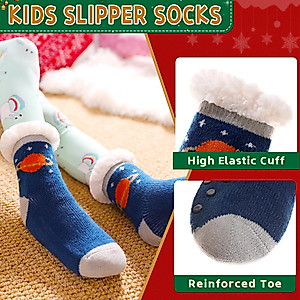 SeeyAN Kids Slipper Socks Fuzzy Socks For Boys Girls Warm Thermal Winter Non Slip Home Socks With Grips (Dark Blue, 5-8 Years)