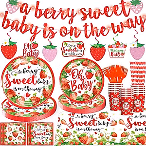 177 Pcs Strawberry Baby Shower Decorations, Berry Sweet Baby Shower Decorations A Berry Sweet Baby is on the Way Banner Tableware Hanging Swirls, Berry Sweet Baby Shower Strawberry Baby Shower Girl