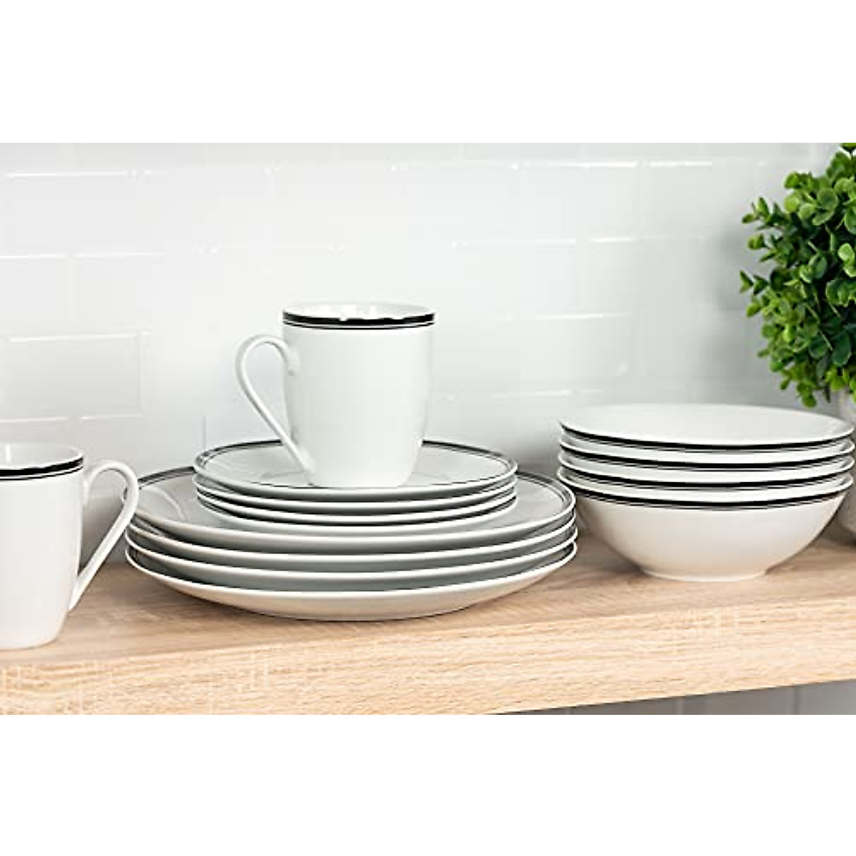10 Strawberry Street Café Stripe 16 Piece Coupe Dinnerware Set, Black