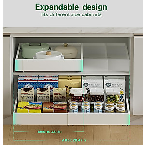 Seinloes 2 Pack Expandable Pull Out Cabinet Organizer 21" Deep, Upgrade 3 Slide Rails Slide Out Drawers for Kitchen Cabinets, No Drill Roll Out Shelves Adhesive, Adjustable Width 12.05"-20.4" White