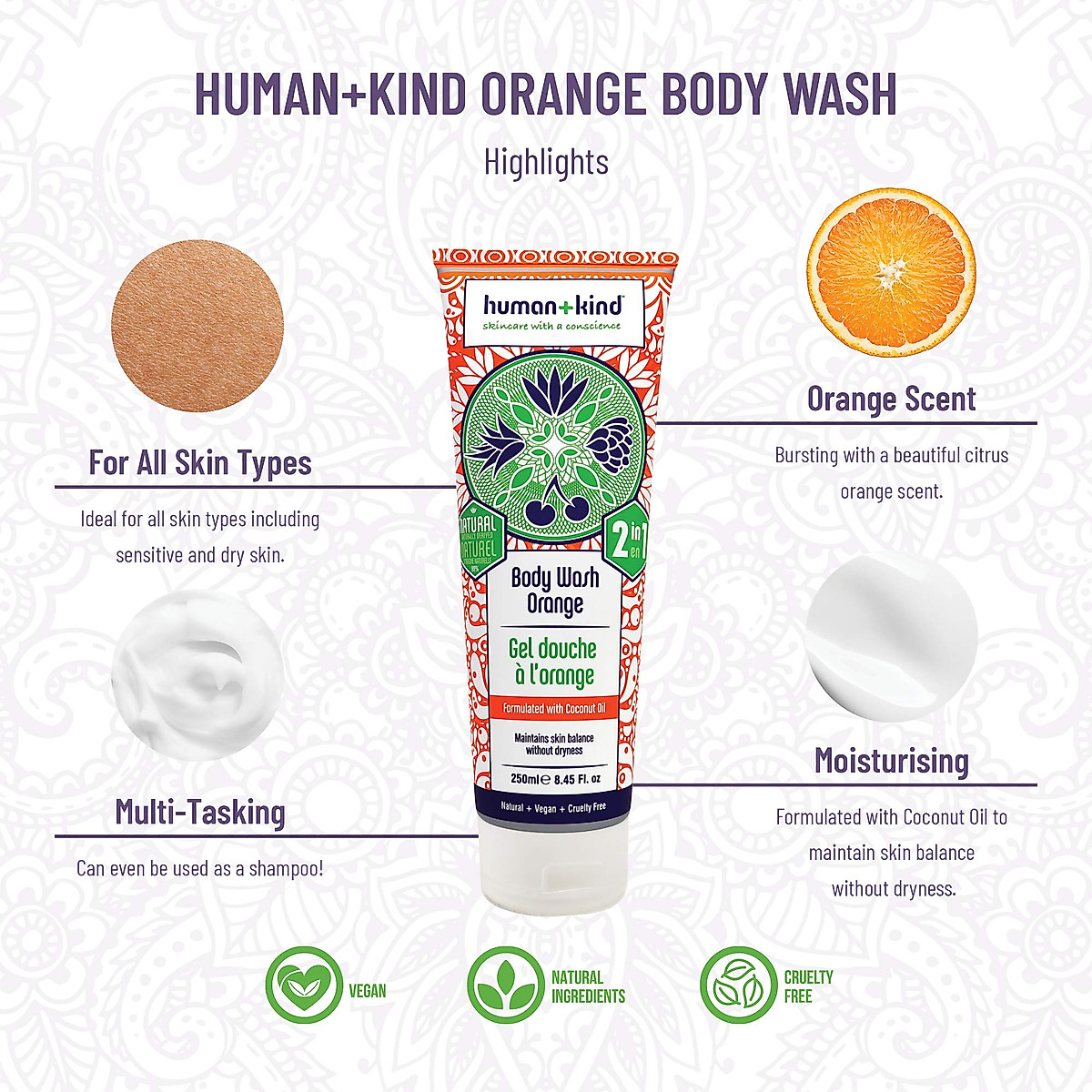 Human+Kind Body Wash - Natural, Moisturizing Body Soap with Coconut Oil - A Gentle, Soothing Cleanse for Dry, Sensitive Skin - Three Fresh Scents: Orange, Grapefruit, and Apple and Herbs - 8.45 oz