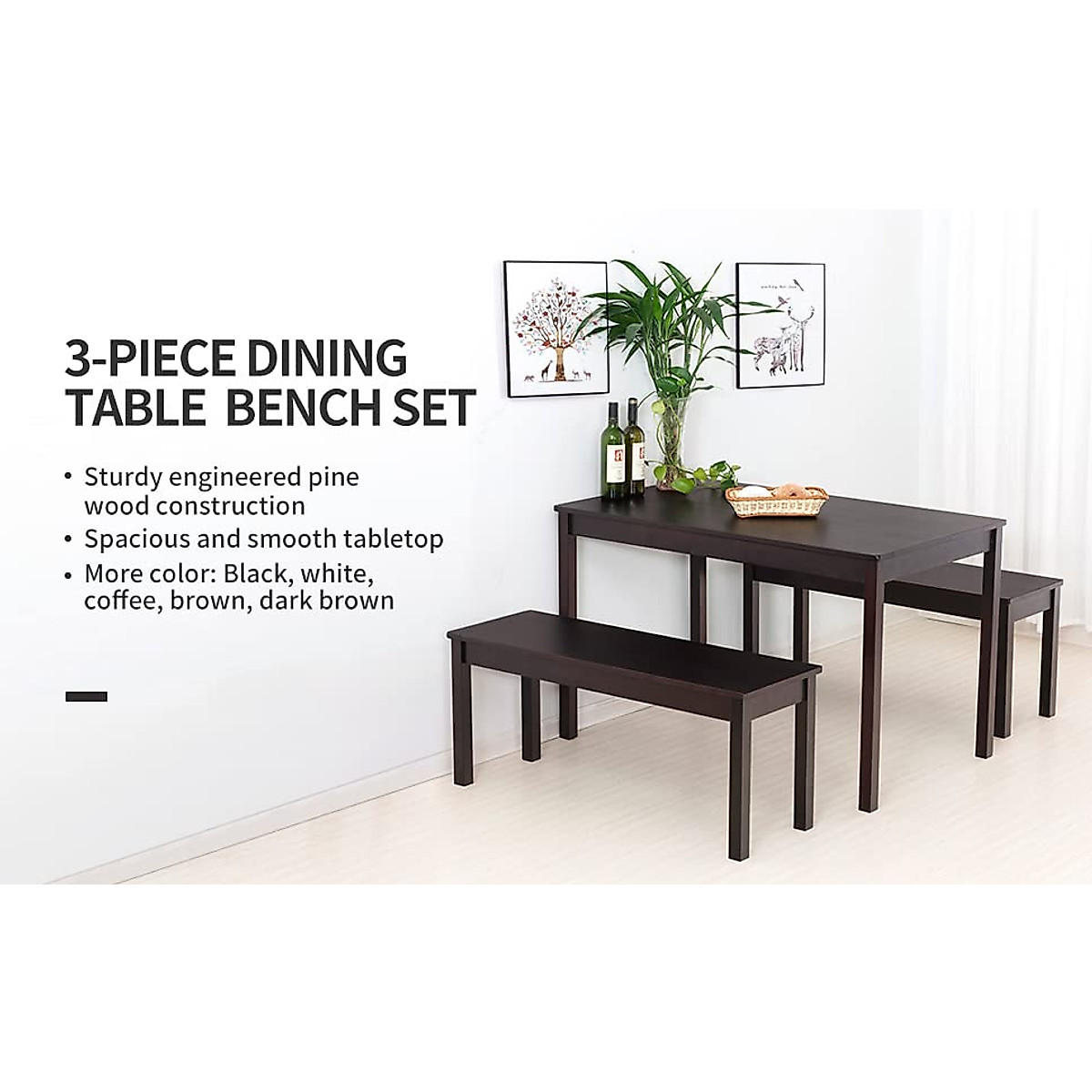 Alohappy 3 Piece PineWood Dining Set for 4，45" Dining Room Table Set with 2 Benches for Home Kitchen Dining Room Furniture,Bench Style & Space-saving (Espresso)