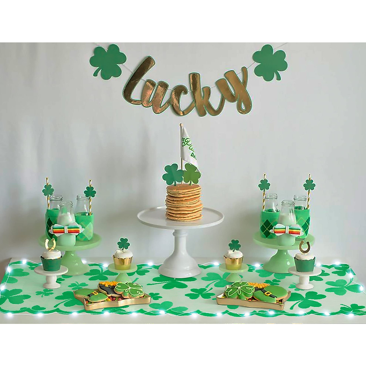 6PCS St Patricks Day Decorations Table Runners Placemats Saint Shamrock Green Lace Embroidered Irish Clover Party Decor Supplies,with 2 Light Strips