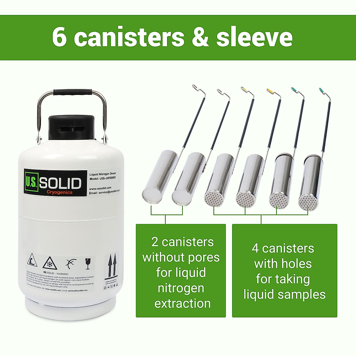 U.S.SOLID 3L Liquid Nitrogen Container LN2 Tank Cryogenic Dewar Semen Flask with Straps 6 Canisters Carry Bag