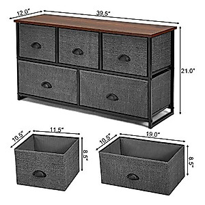 Giantex Dresser Storage Tower W/ 5 Foldable Cloth Storage Cubes,Wood Top Easy Pull Removable Fabric Bins, Organizer Unit 39.5’’(L)X12’’(W)X21’’(H) for Bedroom, Closet, Hallway, Nursery Room(Black)