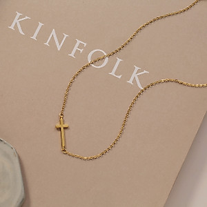 Tasiso Side Ways Cross Pendant Necklace for Women 14K Gold Plated Dainty Sideway Cross Necklace Horizontal Faith Necklace Minimal Everyday Jewelry Gift
