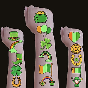 Mocossmy St Patrick's Day Temporary Tattoos Stickers,24 Sheets Glow in the Dark Shamrock Irish Flag Pots of Gold Luminous Tattoos for St Patrick's Day Parade Spring Party Favor Supplies Decoration